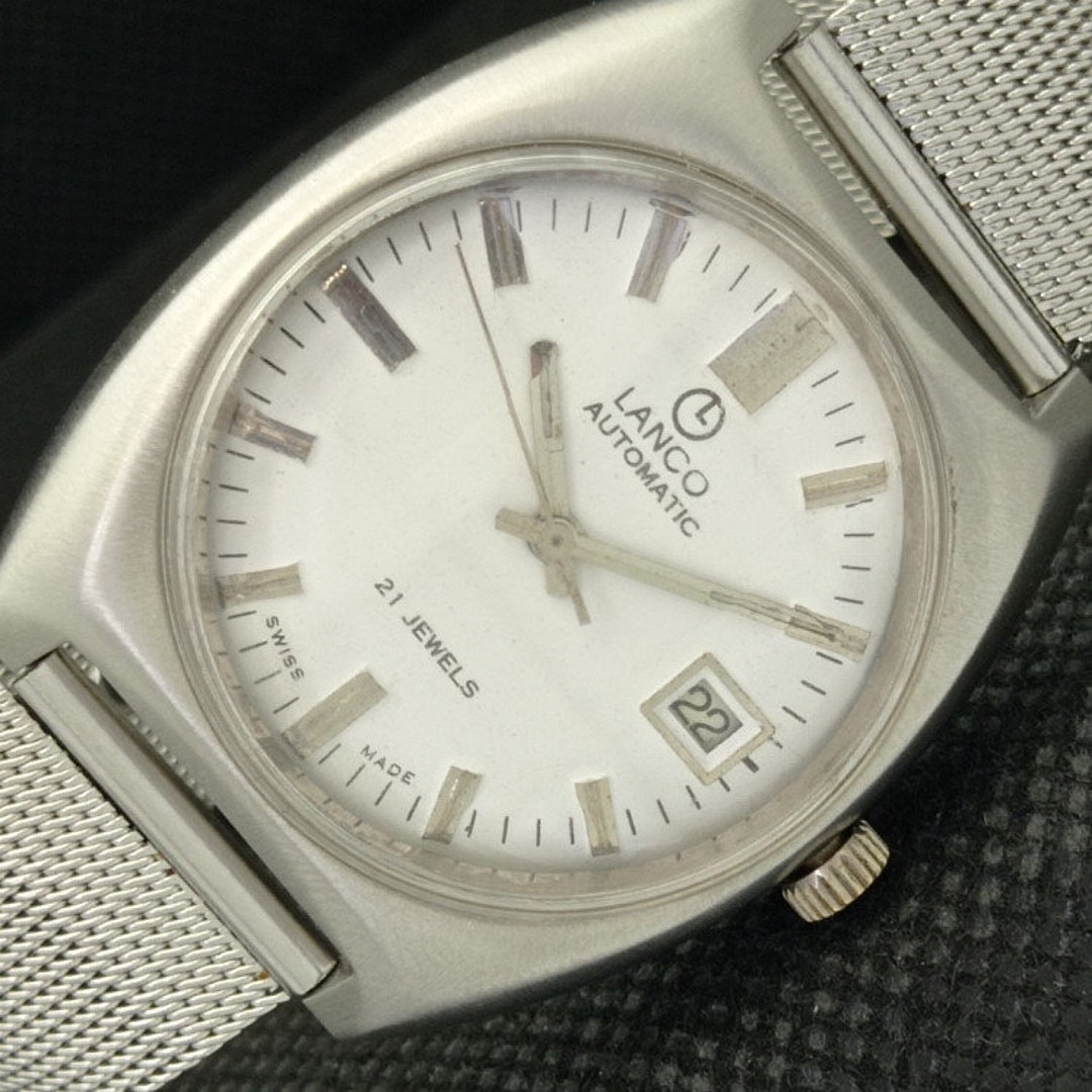 Vintage Lanco Automatic Swiss Mens Date White Dial Wrist Watch 607 ...