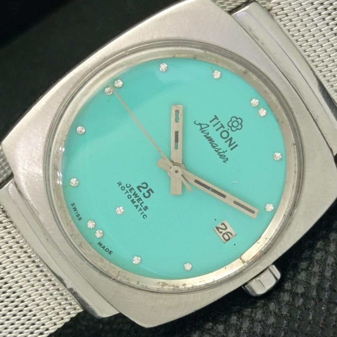Vintage Titoni Airmaster Rotomatic Swiss Mens Date Sea Green Dial Wrist ...