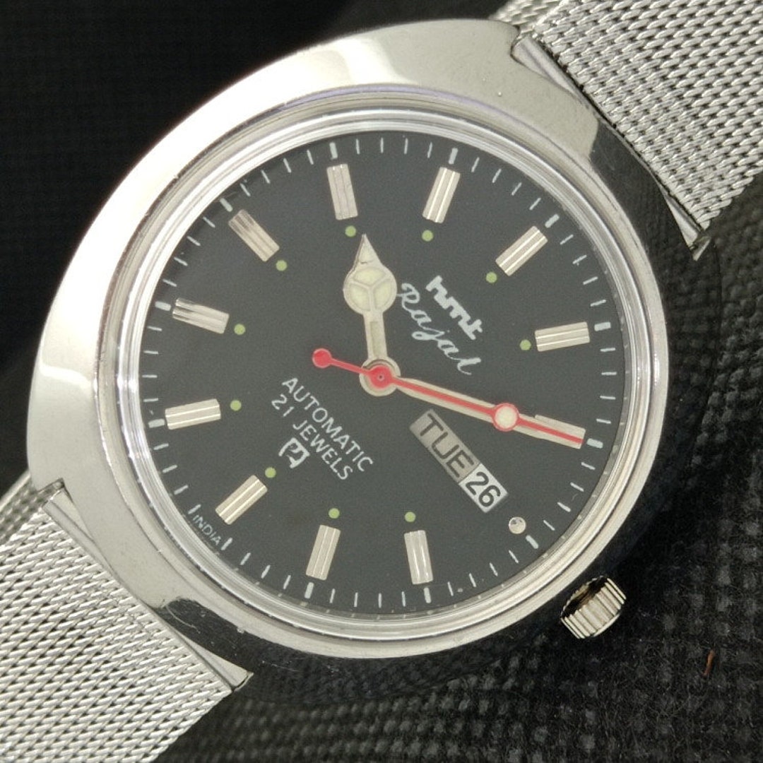 Vintage Hmt Rajat 6501 Automatic Indian Mens Day/date Black Dial Watch ...