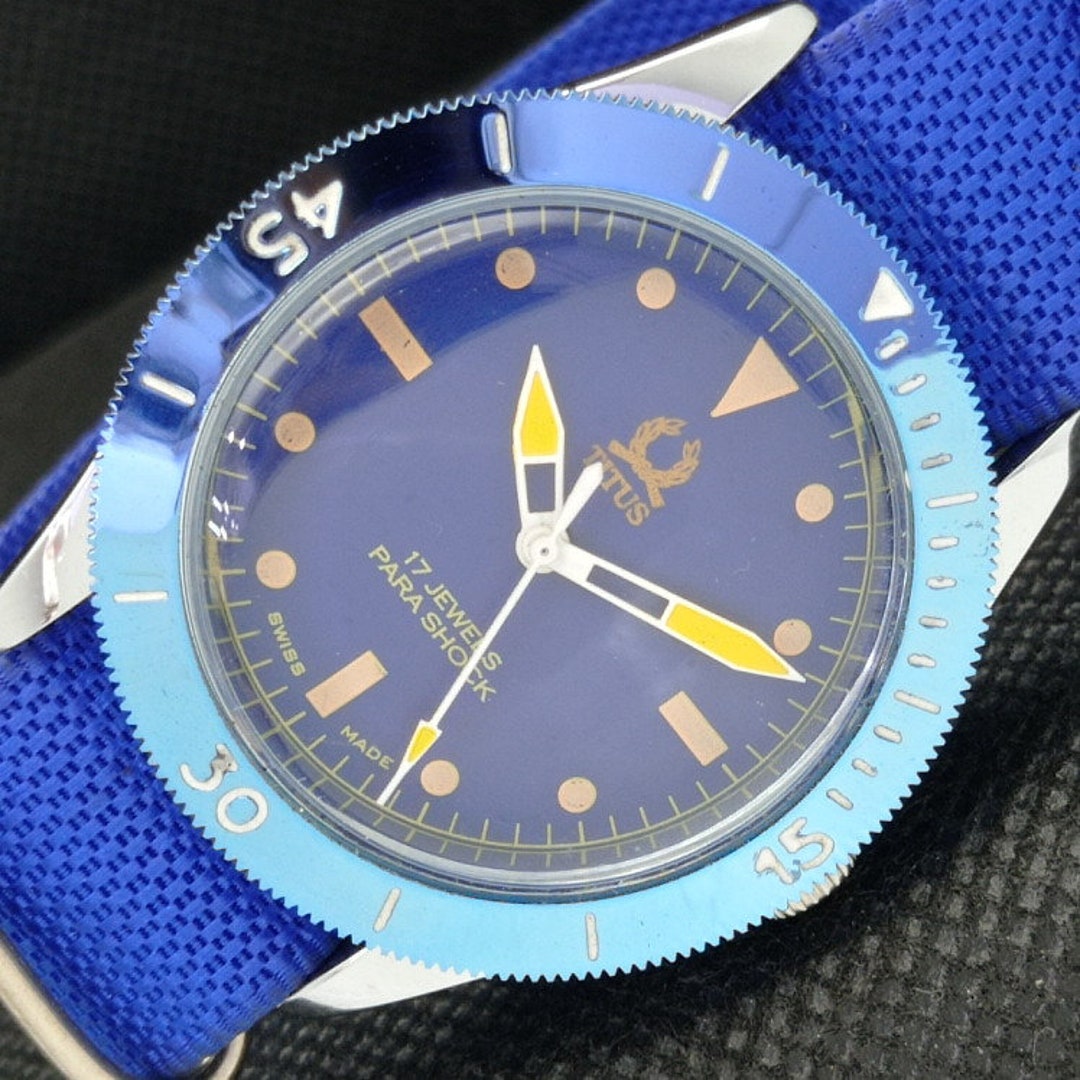 40mm Vintage Titus Hand-winding Swiss Mens Turnable Bezel Blue Dial ...
