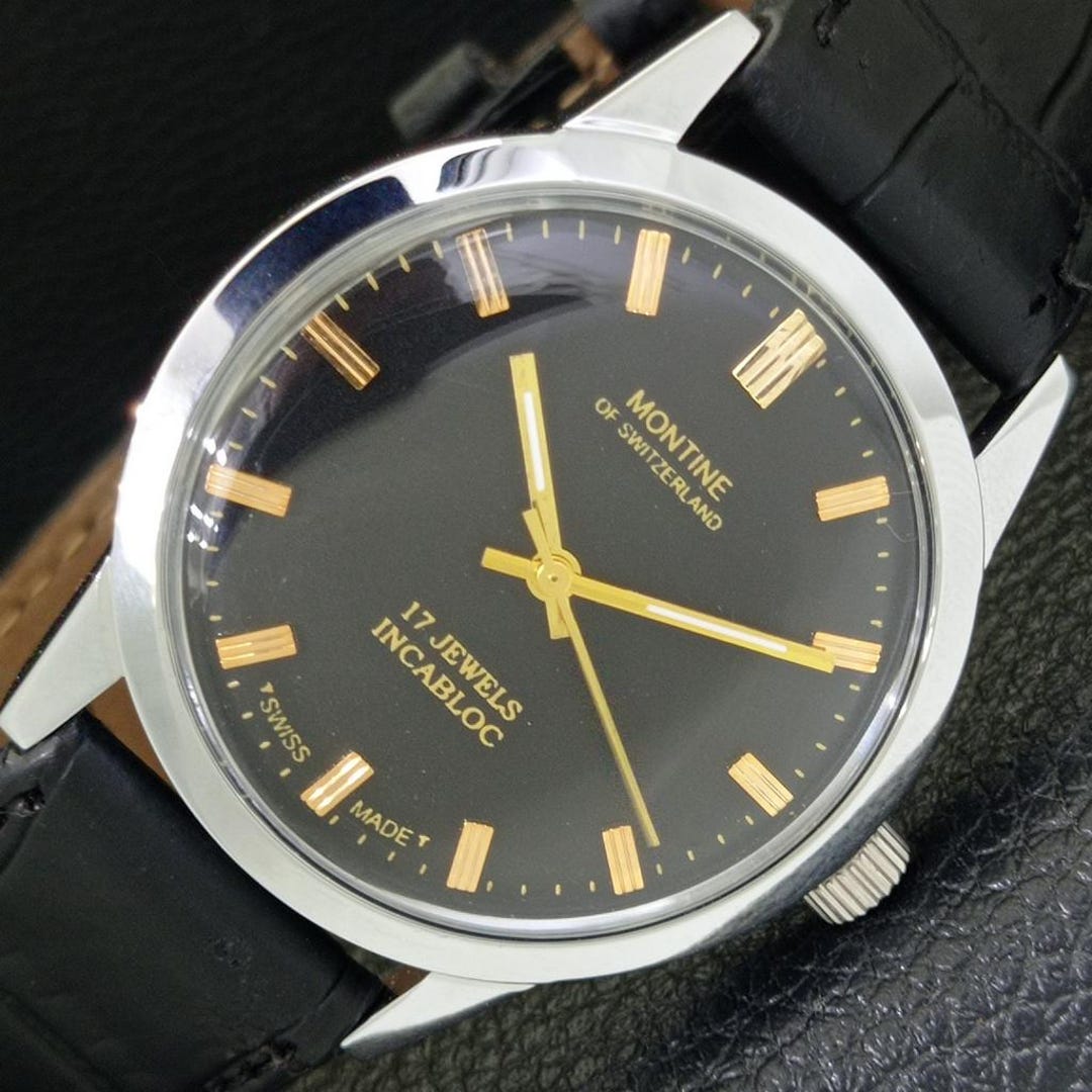 Vintage Montine 17 Jewels Incabloc Swiss Hand-winding Mens Black Color ...