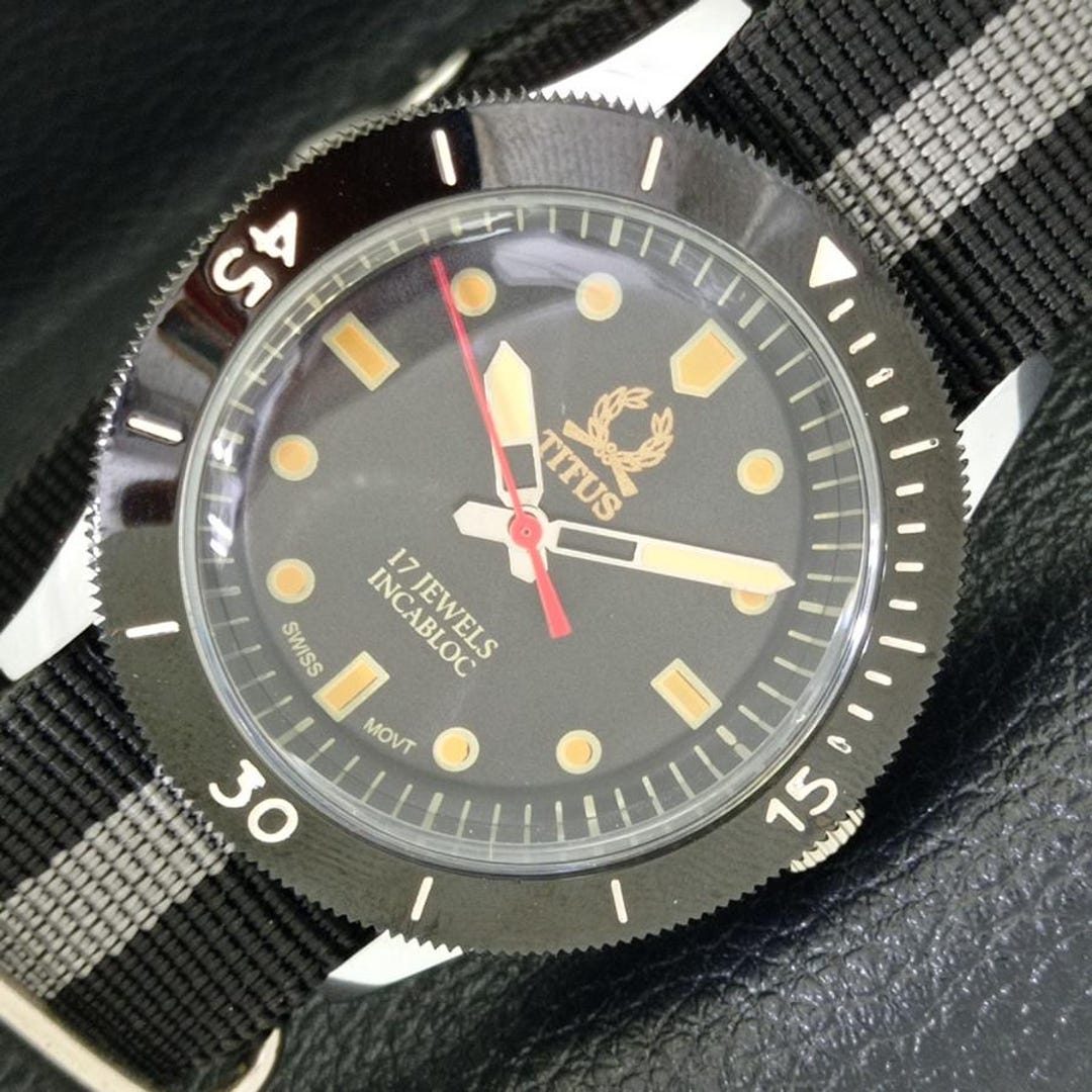 Vintage 40mm Refurbished Titus Turnable Bezel Swiss Mens Black Dial ...
