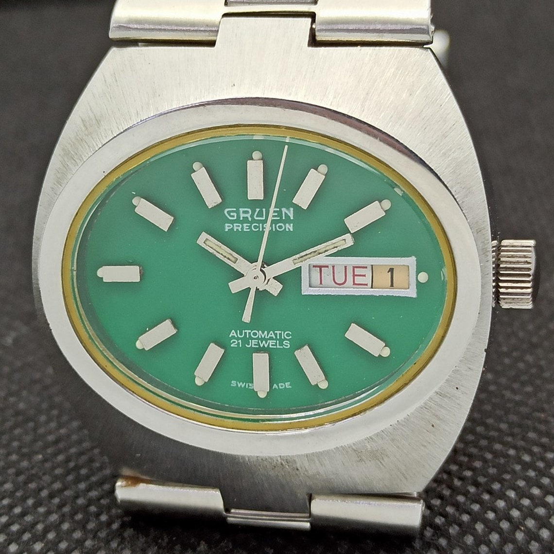 Vintage Gruen Precision Automatic Swiss Mens Day/date Green Dial Watch ...