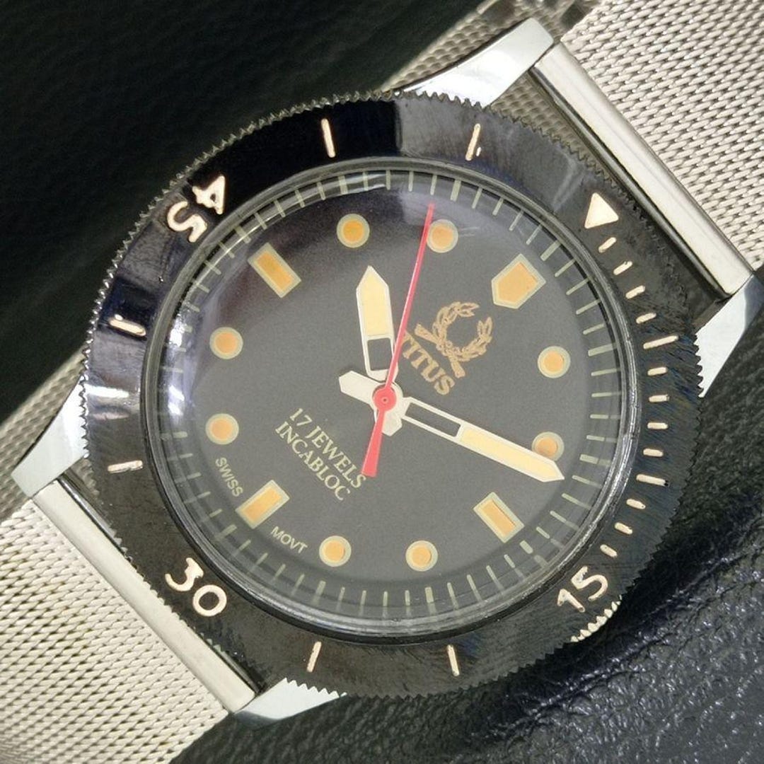 Vintage Swiss 40mm Titus Mens Refurbished Turnable Bezel Black Dial ...