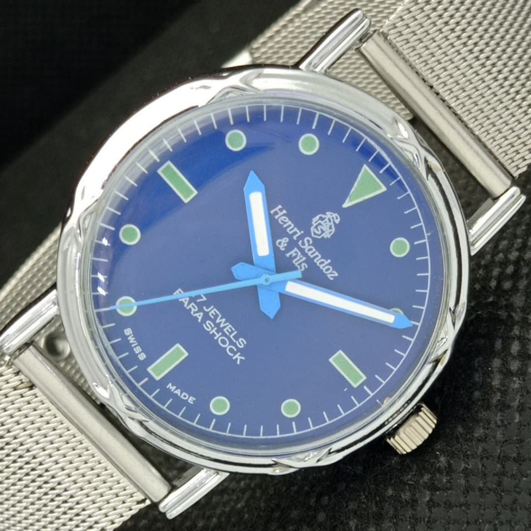 Mechanical Henri Sandoz & Fils Vintage Winding Swiss Mens Blue Dial ...