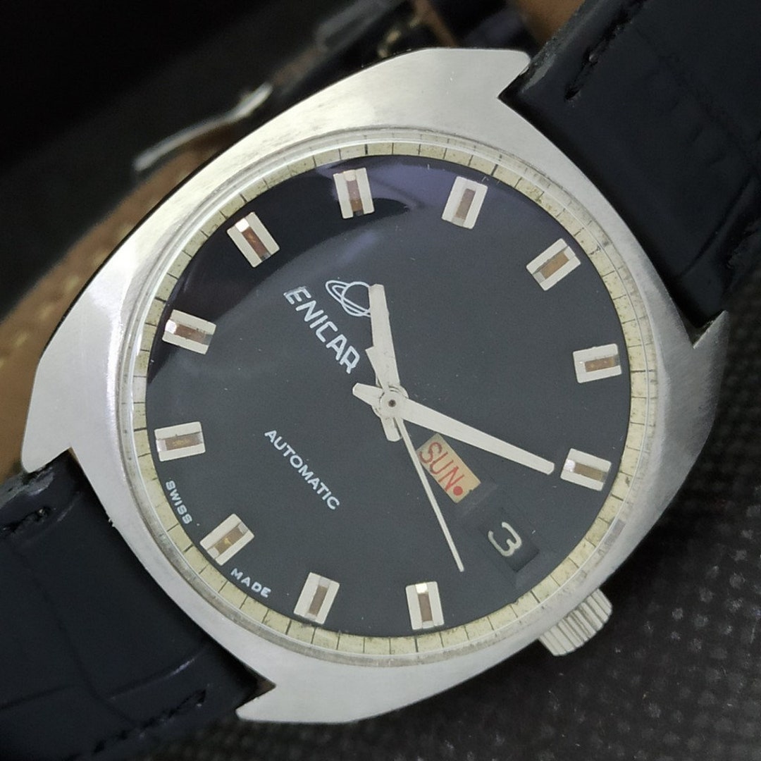 Vintage Enicar Automatic 1147 Swiss Mens Day/date Black Watch 535 ...