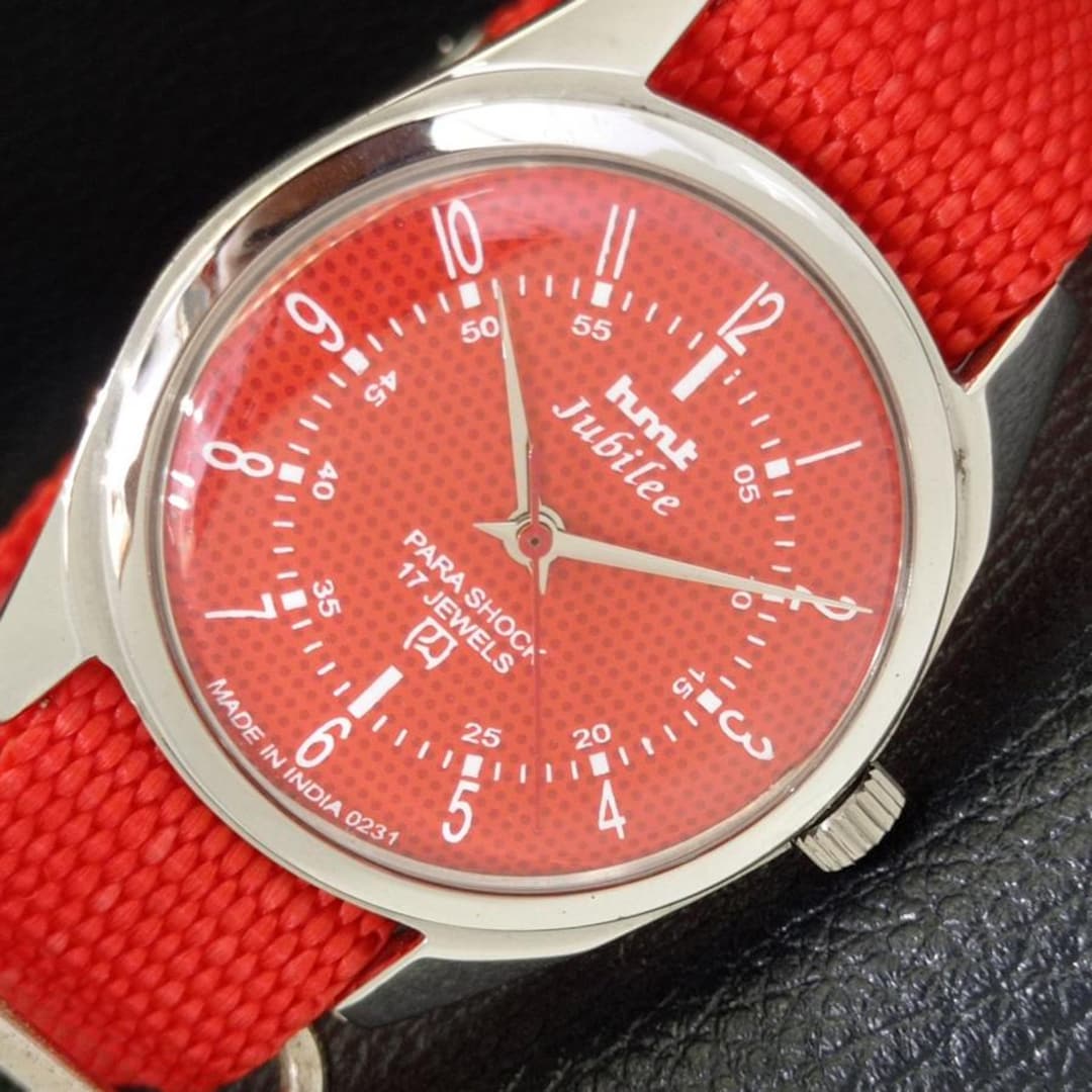 Vintage Hand-winding Hmt Jubilee Indian Mens Red Dial Watch 430625-a - Etsy