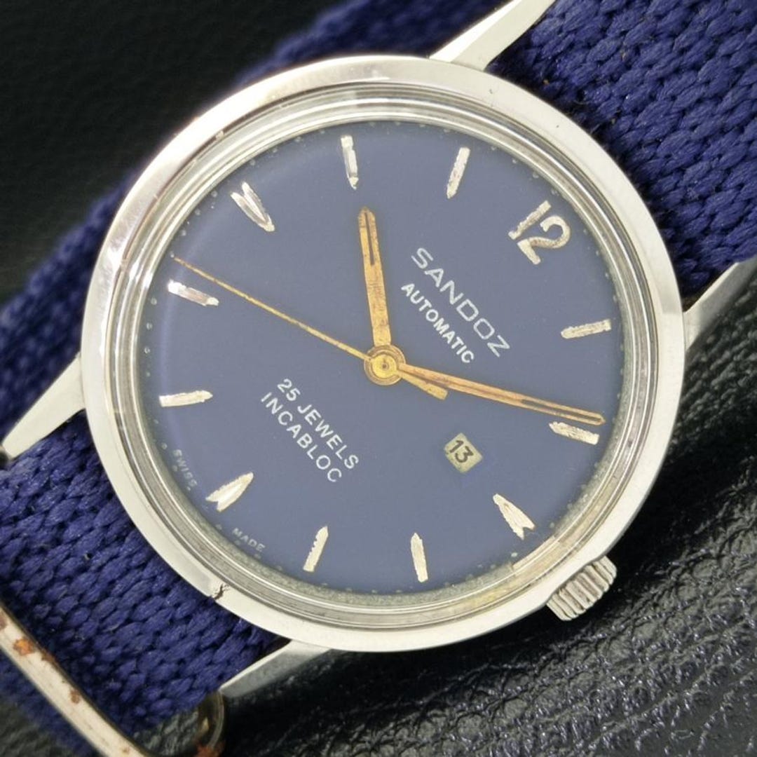 Vintage Sandoz Automatic Duromat Swiss Mens Date Blue Dial Wrist Watch ...