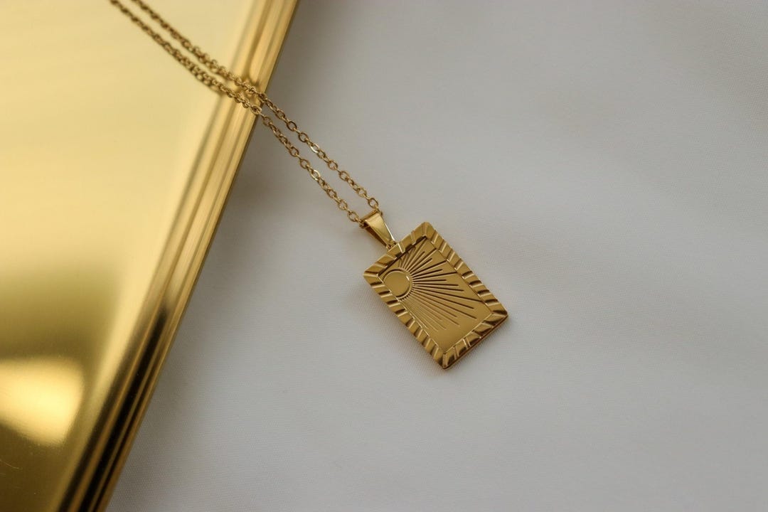 14K GOLD FILLED Sun Square Rectangle Pendant Necklace, WATERPROOF ...