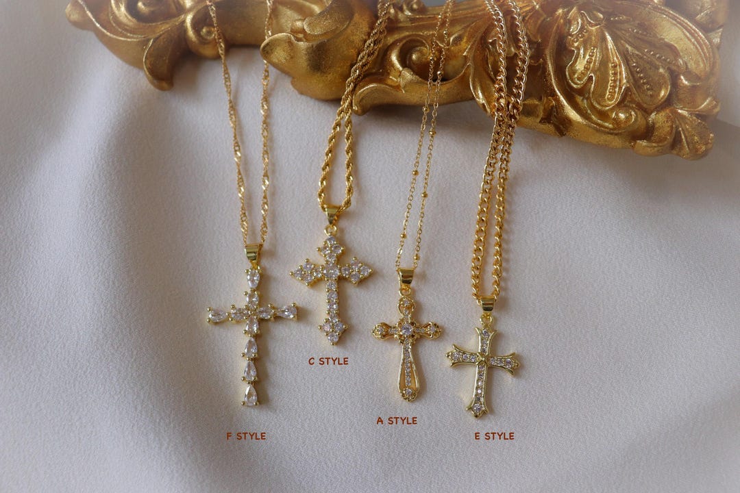 Gold Filled Cross Necklace Gold Religious Cross Charm Unisex Women Men ...