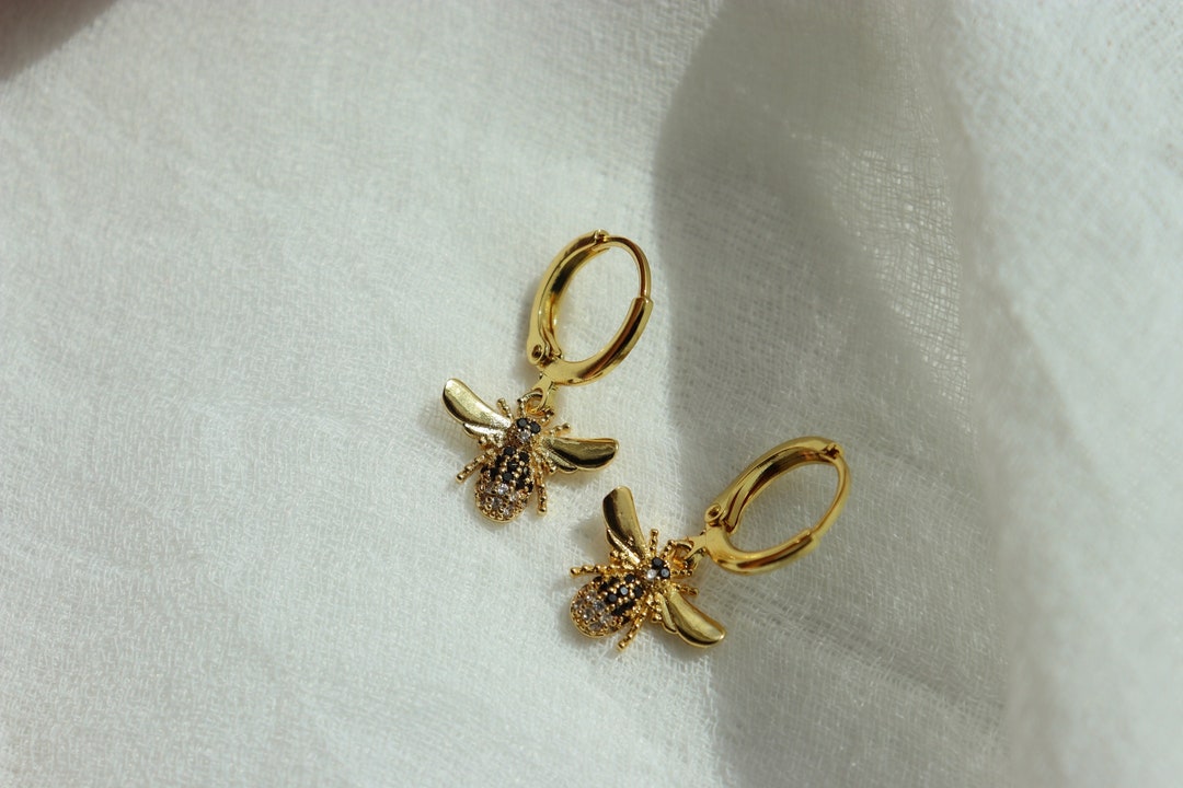 Gold Filled Bee Earrings ・ Bee Earring SET Hoop Huggie Earrings Elegant Bumble Honey Bee Fly ...