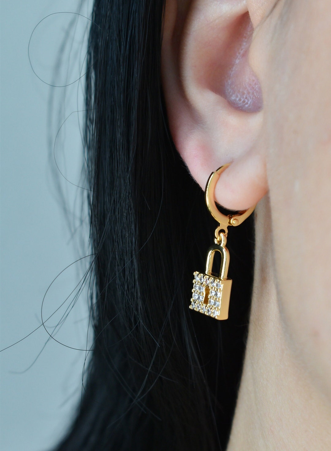 Lock Gold FILLED Earrings Crystals Zircon Pendant Earrings Hoop ...