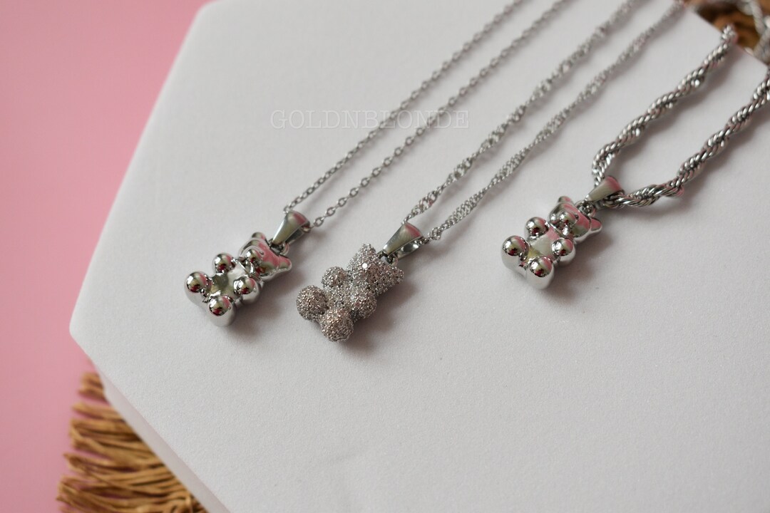 Silver Teddy Bear Necklace, Silver Bear Charm Pendant, Silver Chain ...