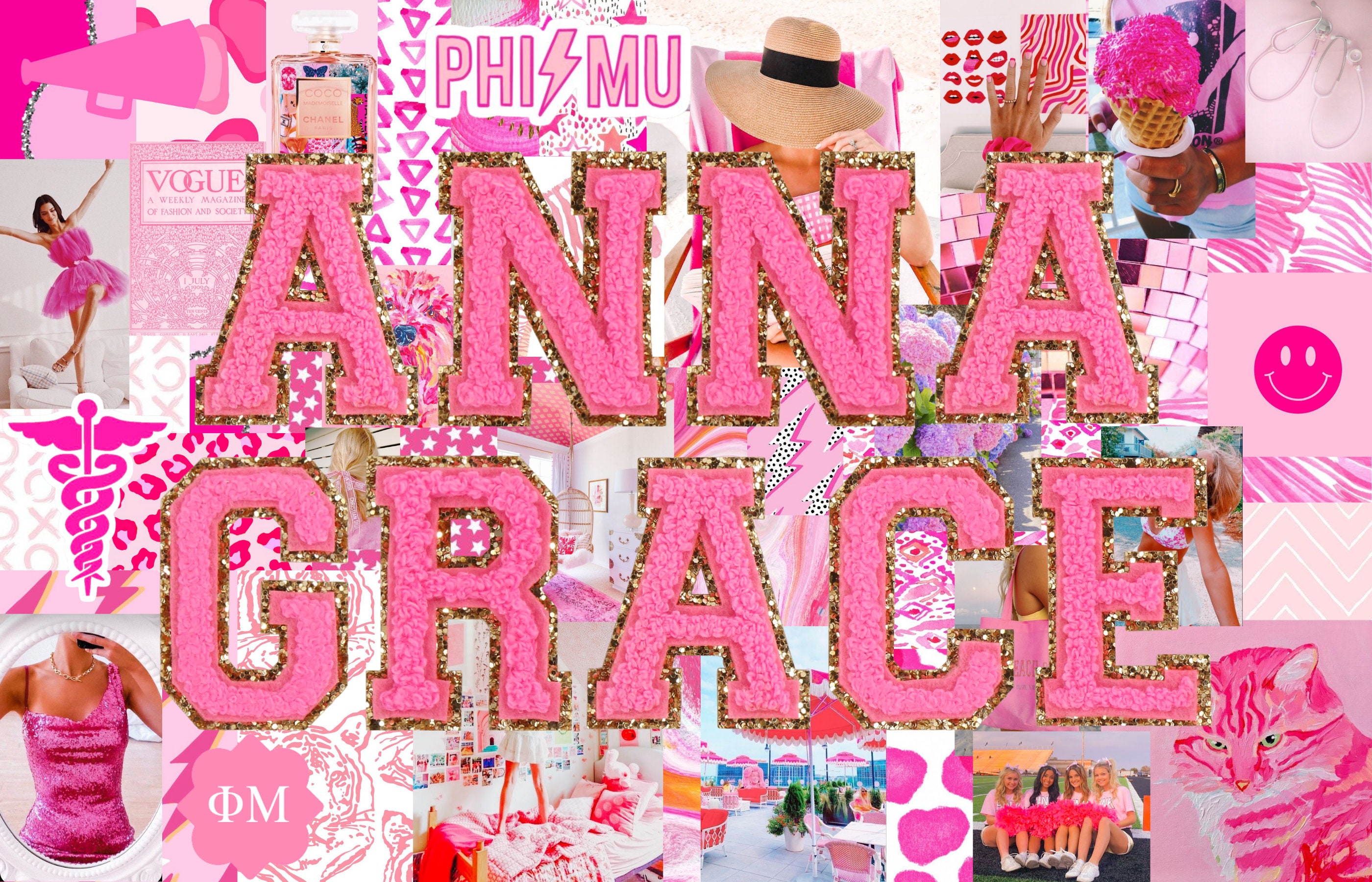Custom Pink Preppy Monogram Desktop Wallpaper Collage - Etsy