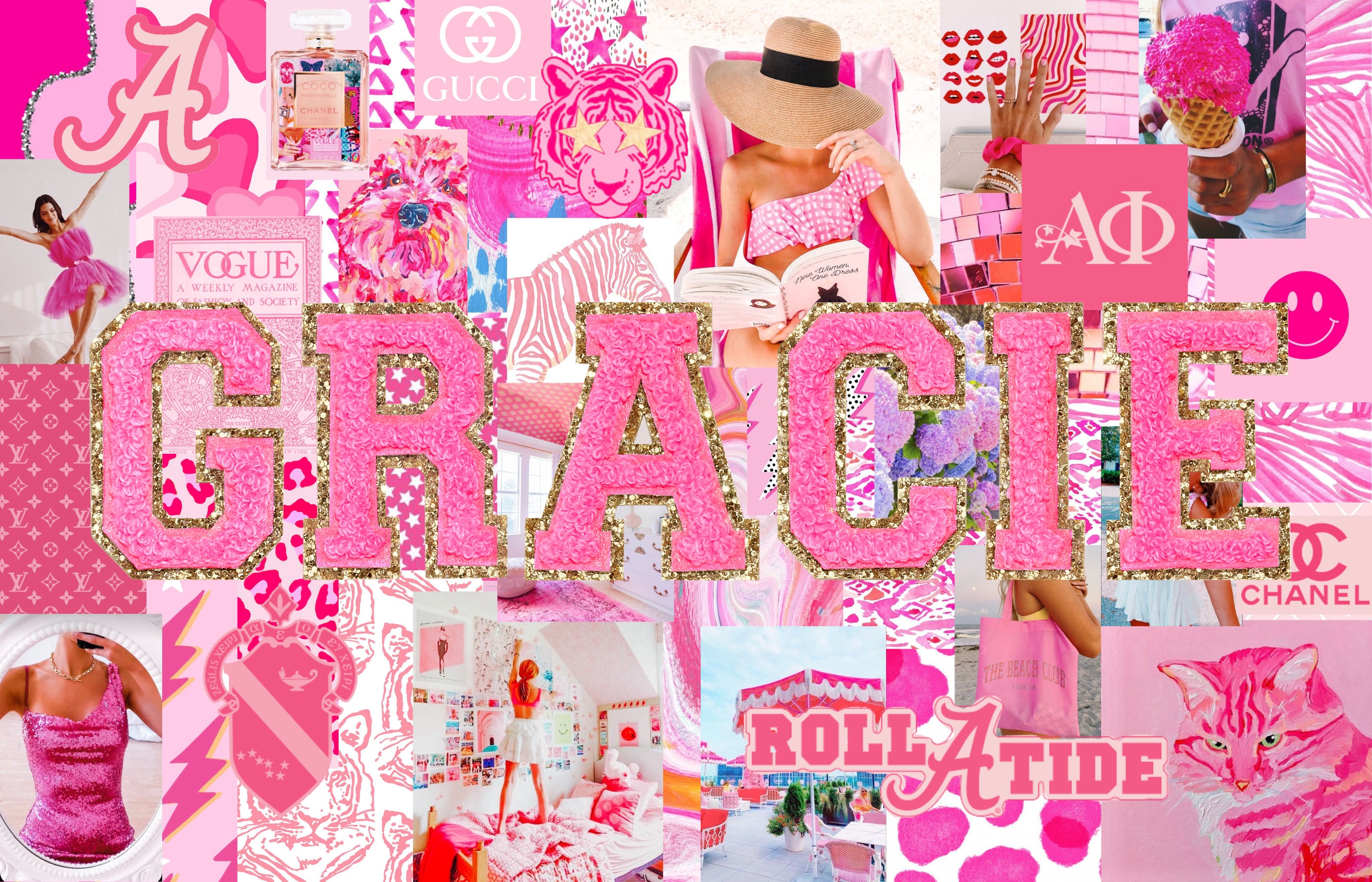 Custom Pink Preppy Monogram Desktop Wallpaper Collage - Etsy