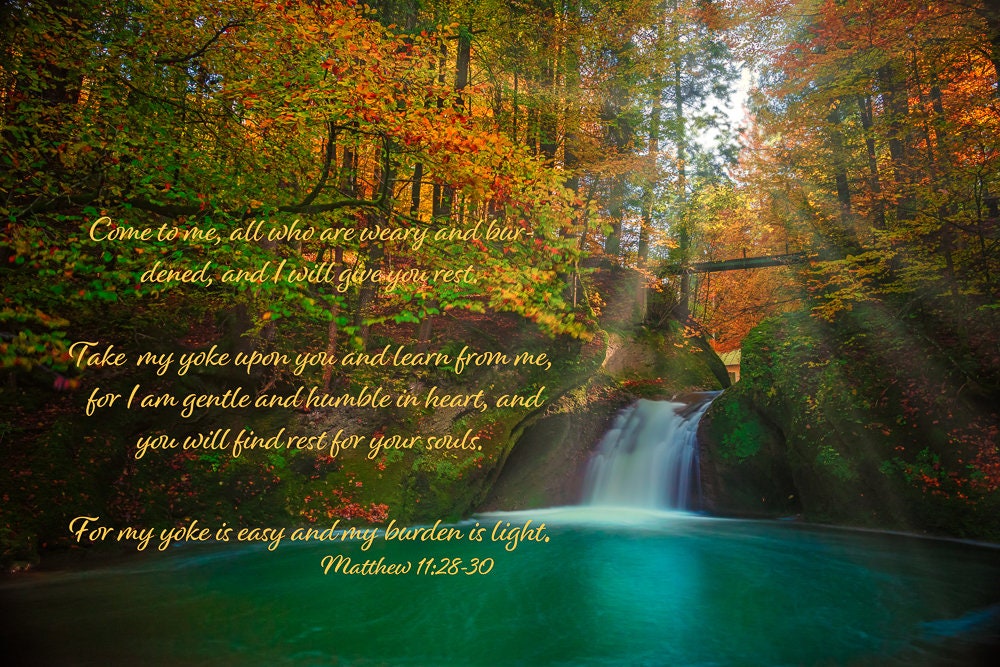 Matthew 11:28-30, Turquoise Lake Waterfall, Christian Inspirational ...