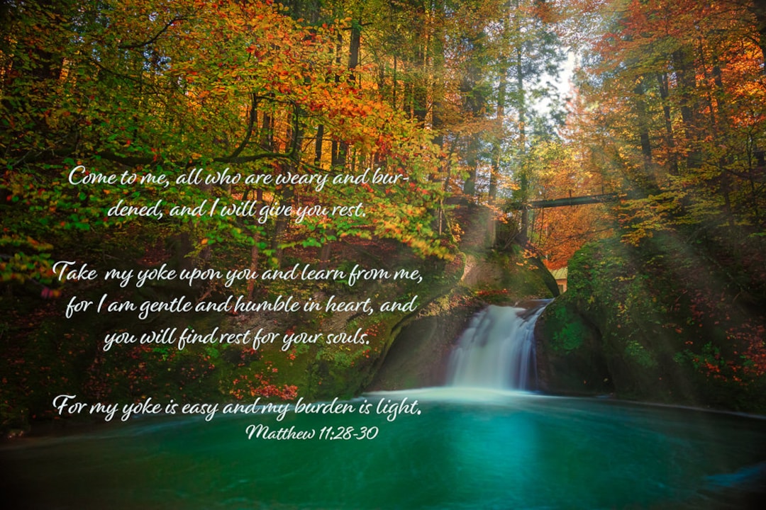 Matthew 11:28-30, Turquoise Lake Waterfall, Christian Inspirational ...