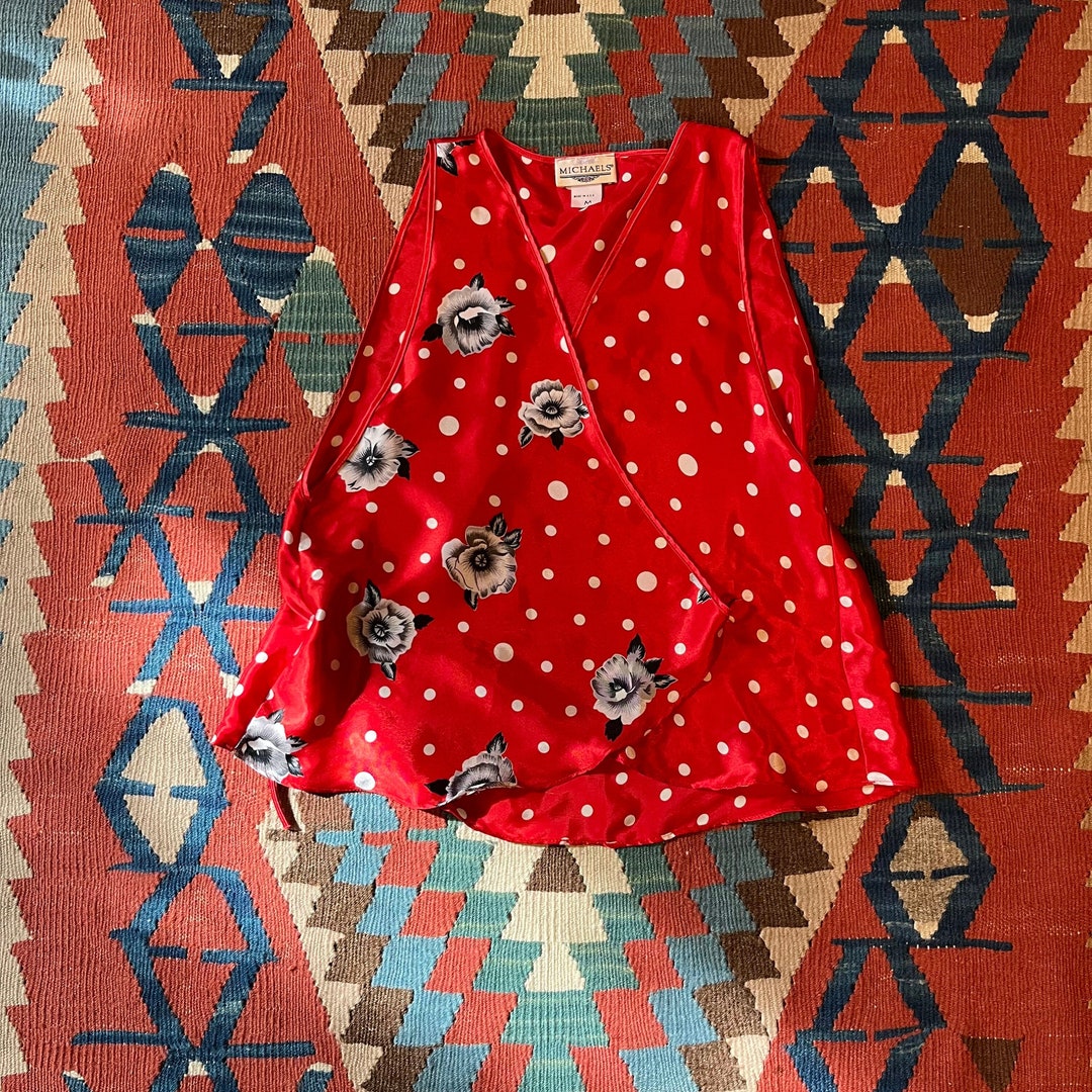 Vintage Beth Michaels Wrap Tank Silky Red Polka Dot Floral M - Etsy