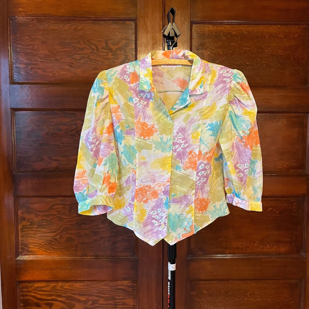Vintage Jean Chancel Pastel Floral Cropped Blouse Vest Front Puff ...