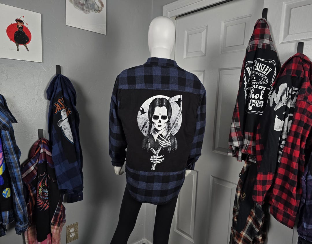 Upcycled Wednesday Addams Grim Reaper Flannel Shirt: Distressed Blue ...