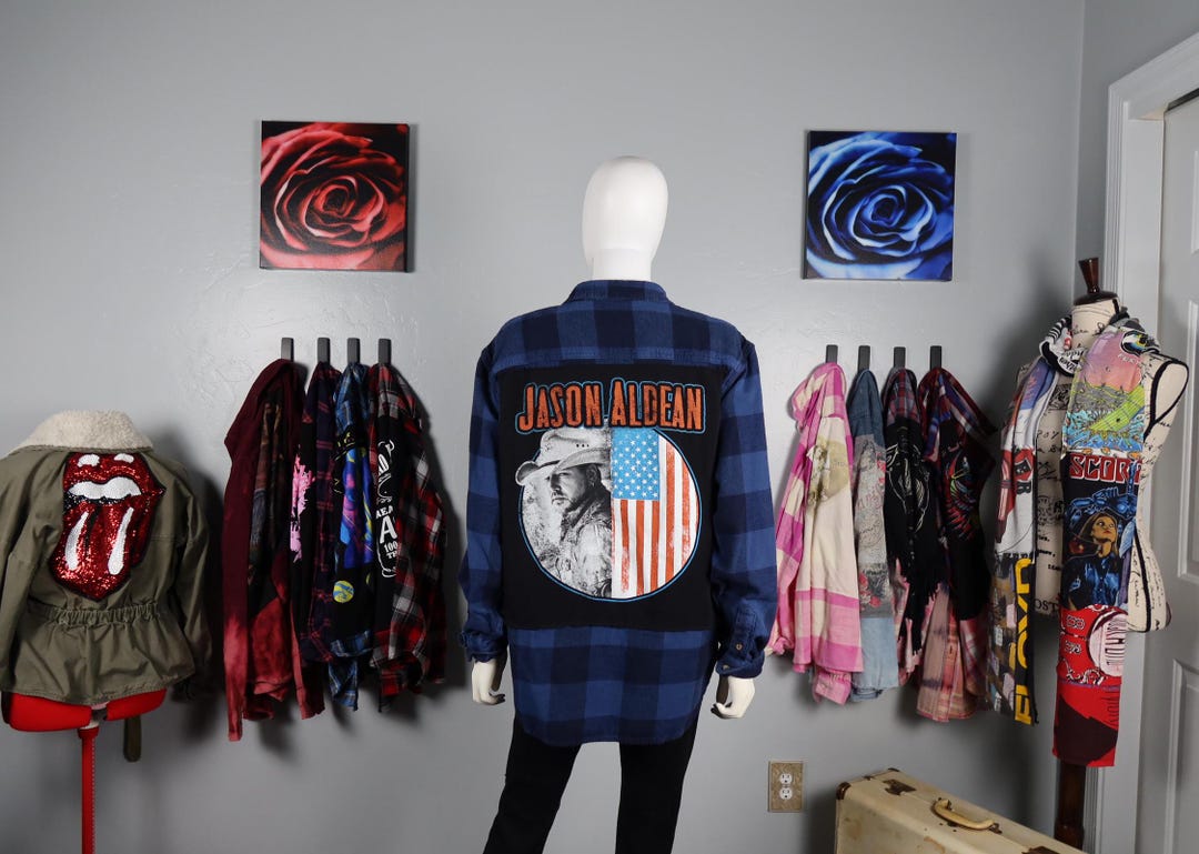 Upcycled Jason Aldean American Flag Flannel Shirt: Distressed Blue ...