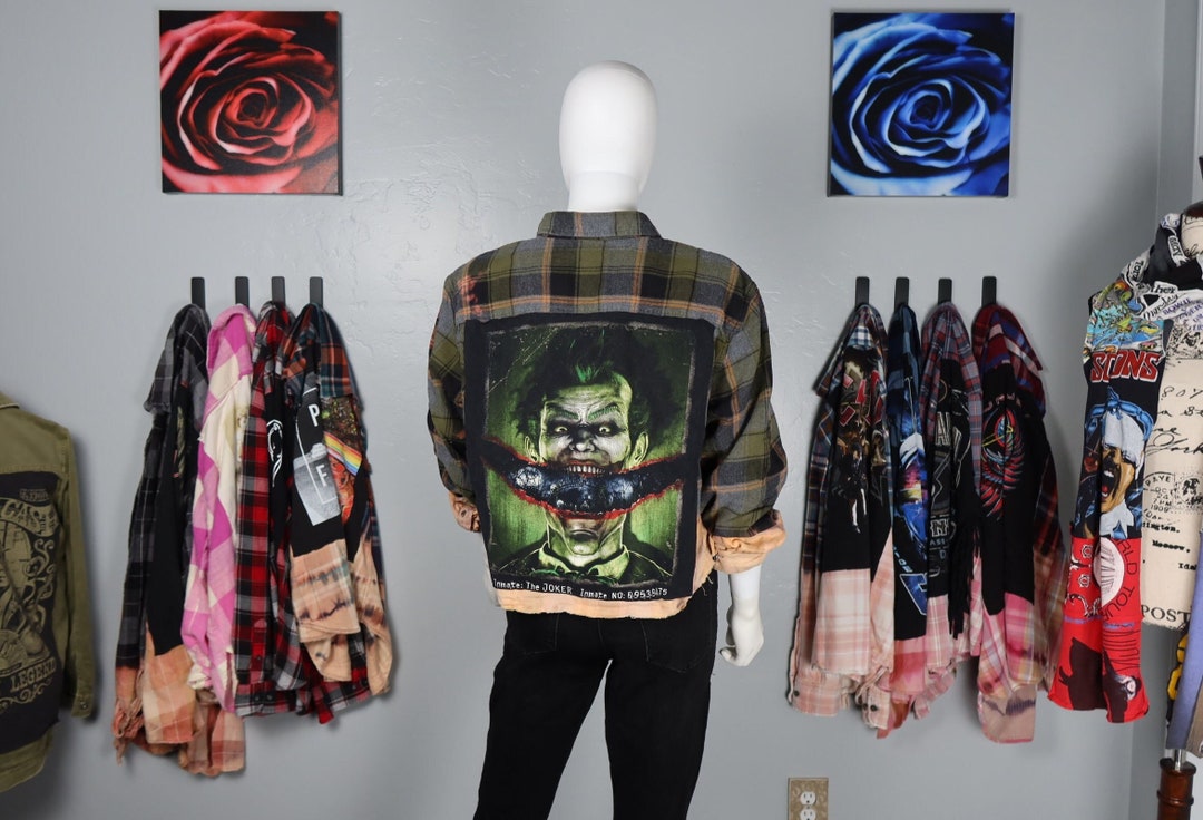 Handmade Upcycled the Joker Bleach Dip Cropped Distressed Flannel Size ...
