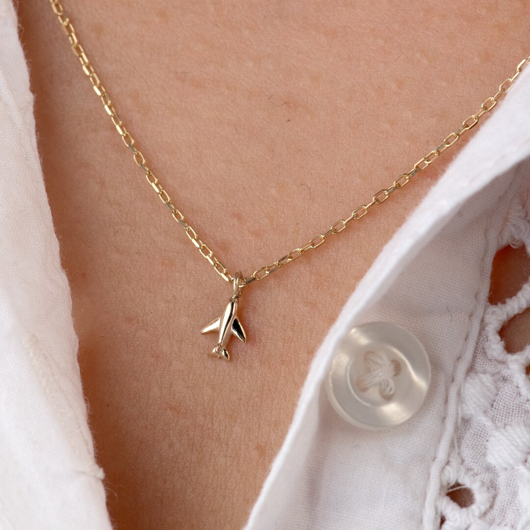 14K Solid Gold Plane Necklace Tiny Plane Necklace 14K - Etsy
