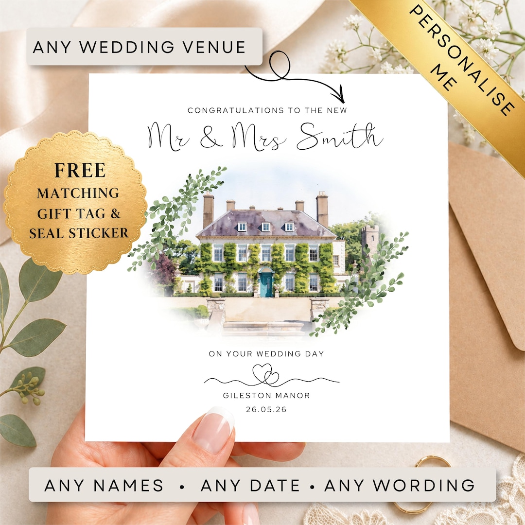 Personalised Wedding Venue Watercolour Card, Mr & Mrs | Custom Couple ...