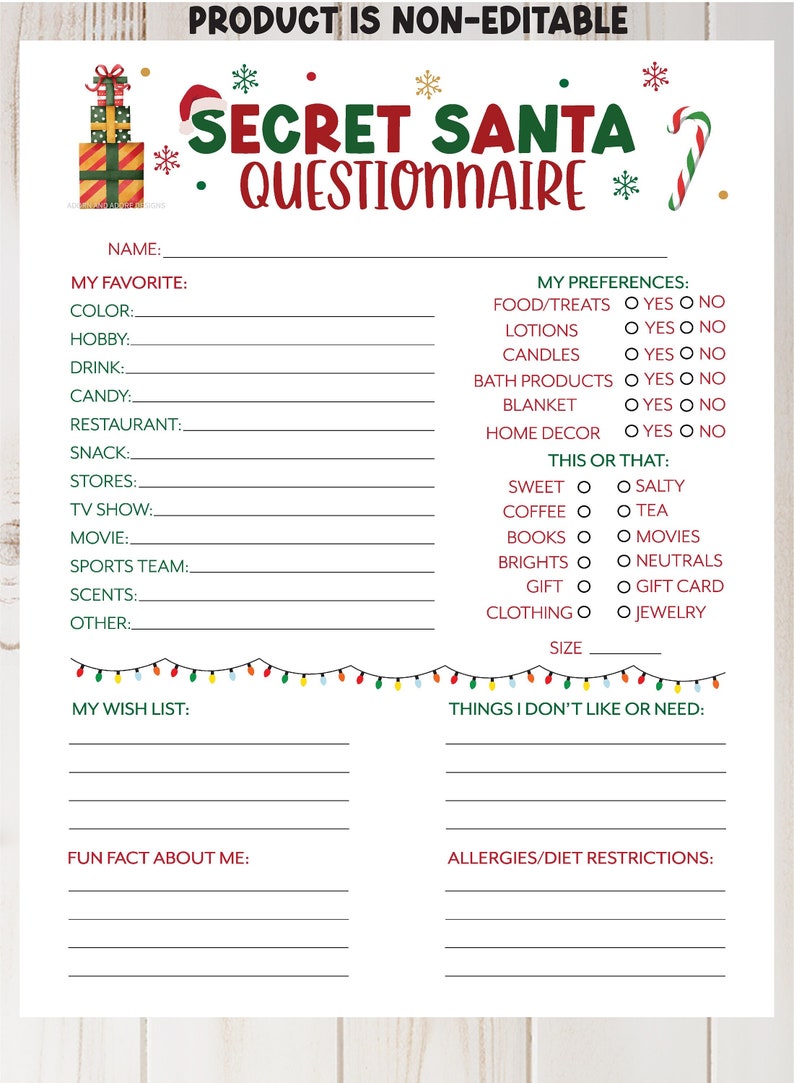 Secret Santa Questionnaire Secret Santa Gift Exchange - Etsy