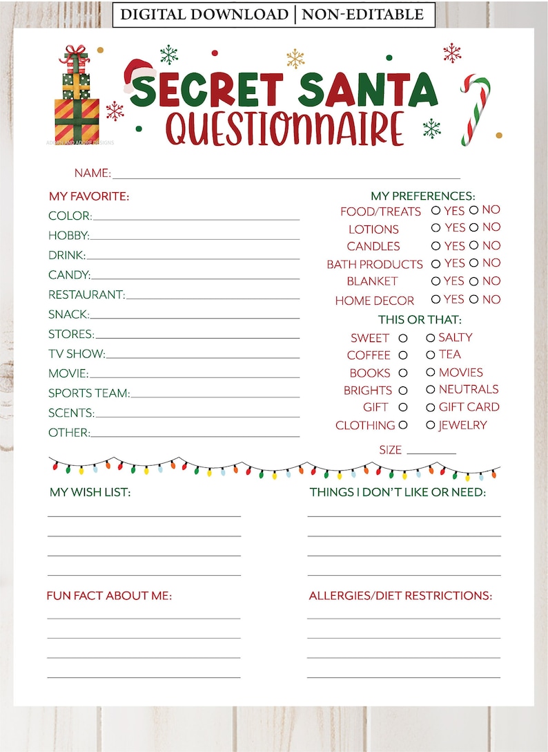 Secret Santa Questionnaire, Secret Santa Gift Exchange, Printable ...