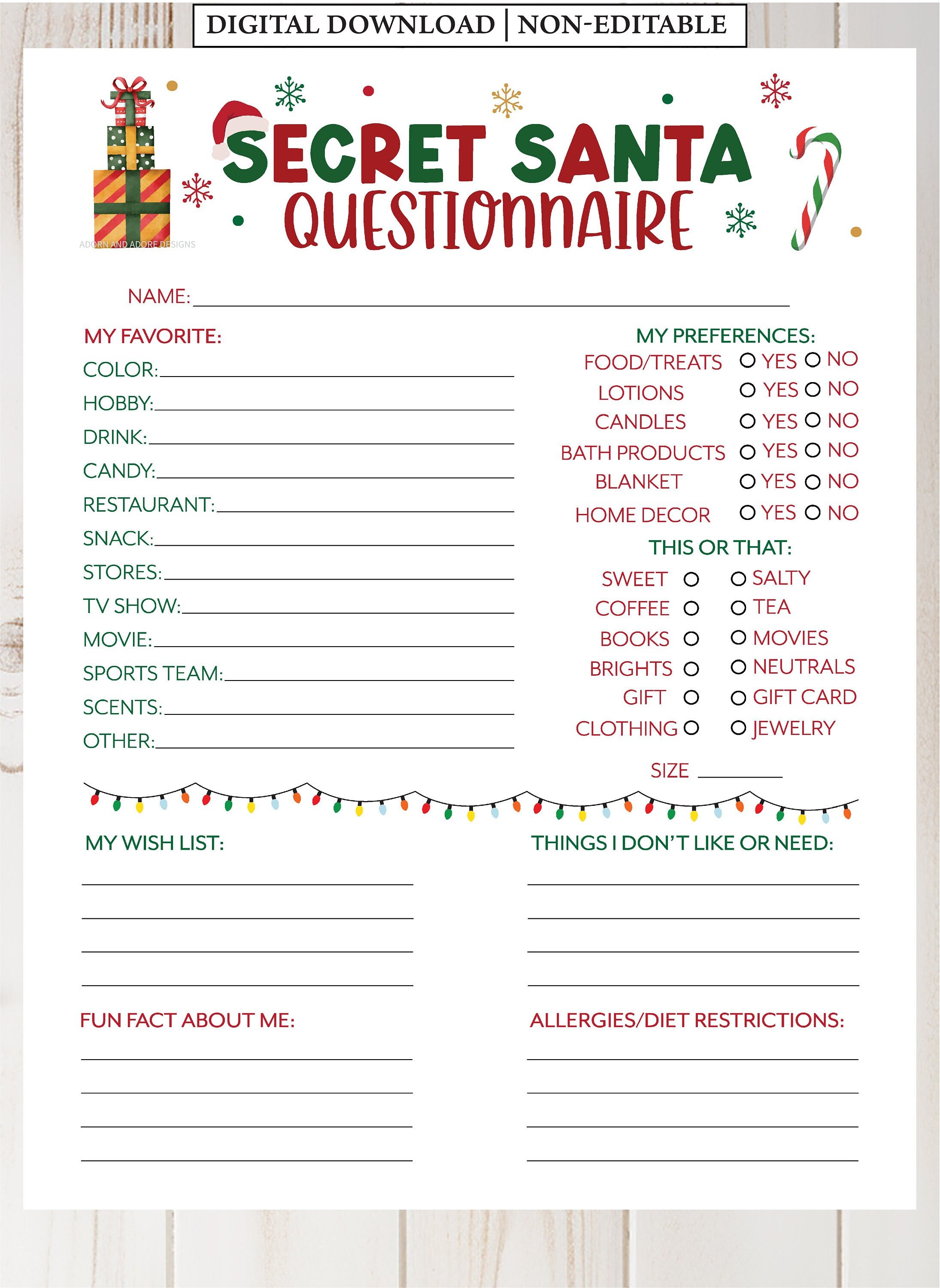 Secret Santa Questionnaire, Secret Santa Gift Exchange, Printable ...