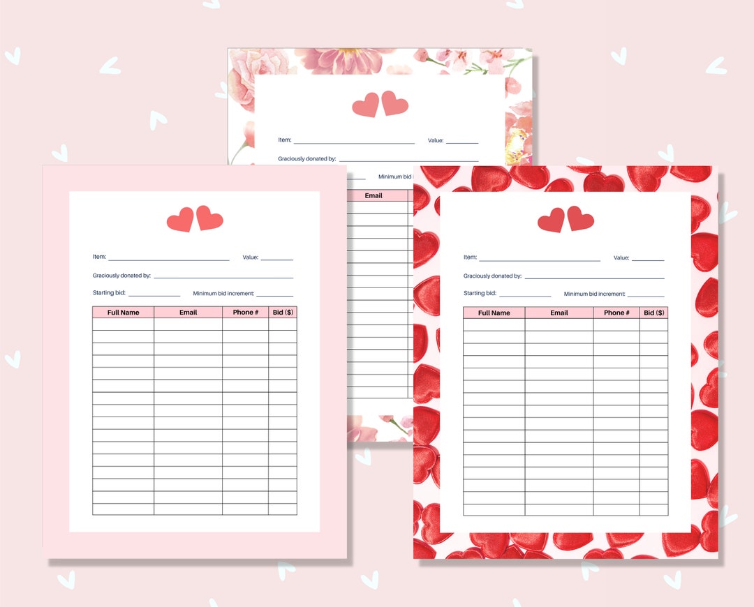 3 Printable Silent Auction Bid Sheets Pink Auction Pack - Etsy