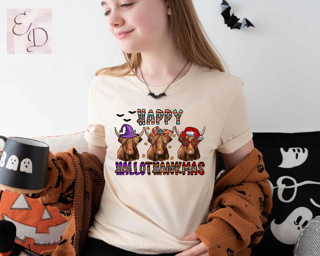 Cows Happy Hallothankmas Funny Shirt,highland Cow Print Halloween ...