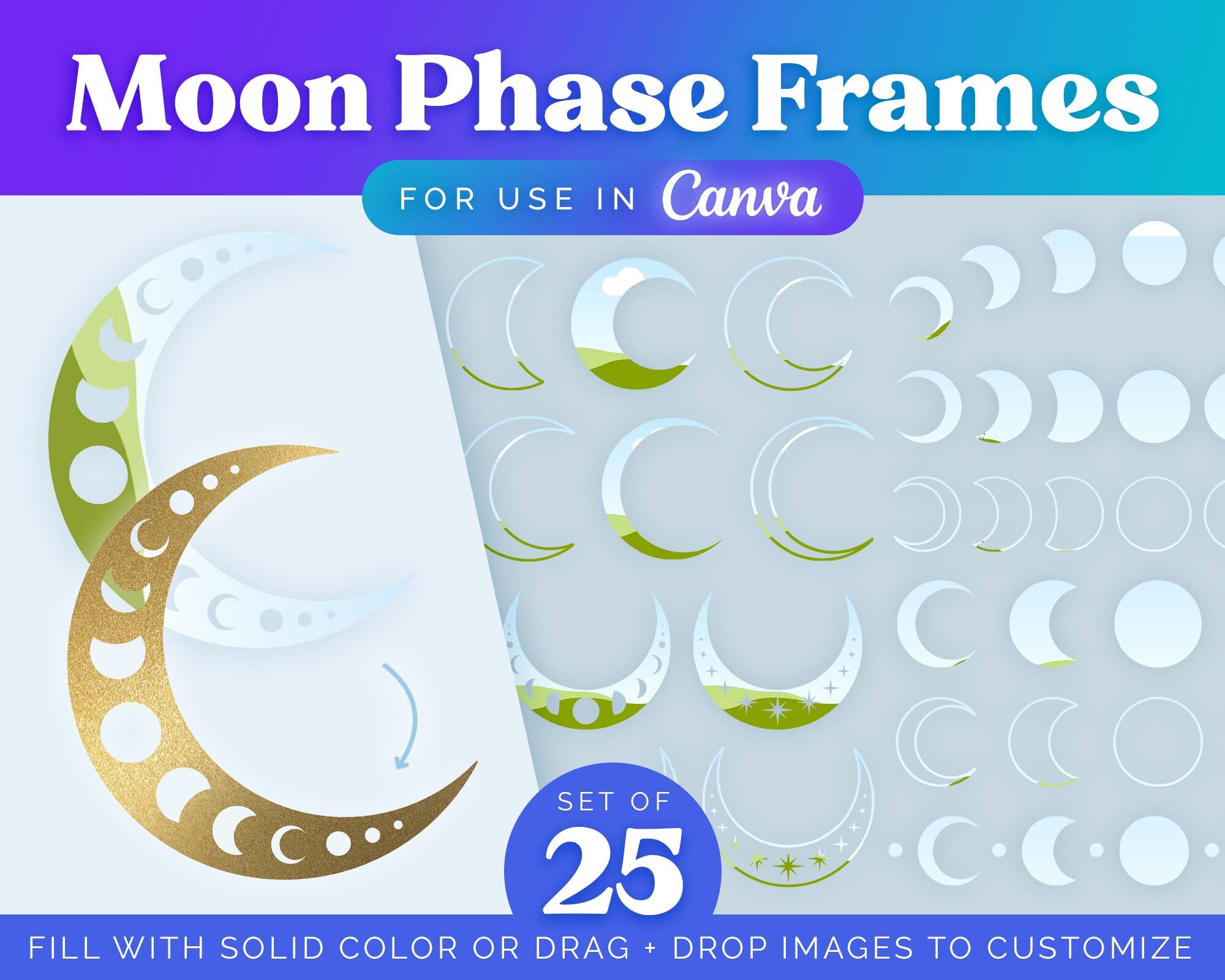 Editable Canva Frames Bundle: Set of 25 Moon Phases | Easy Drag and ...