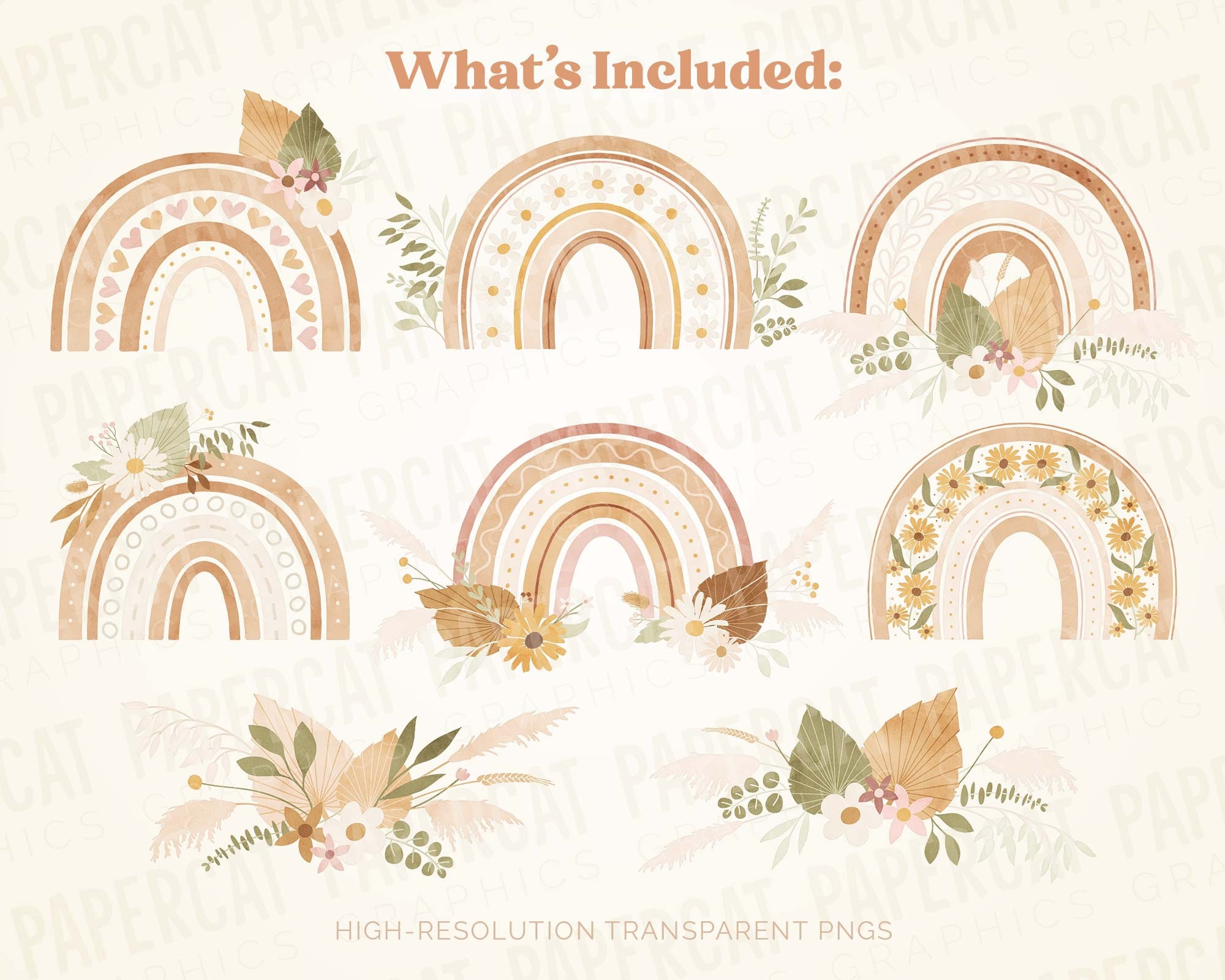 Watercolor Dried Floral Boho Rainbows Clipart Graphics Bundle | Set of ...