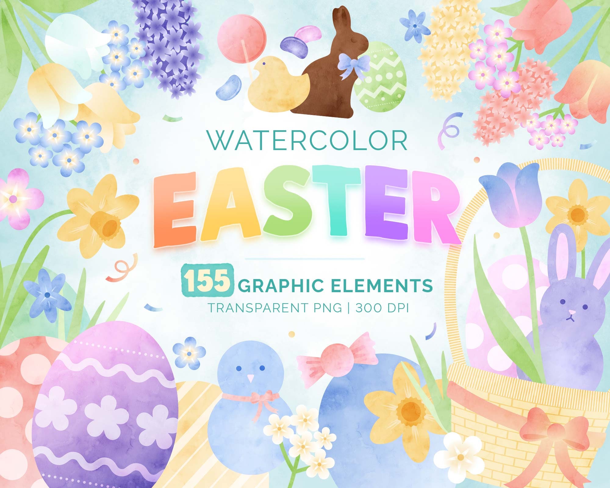 Set of 155 Cute Watercolor Easter Clipart Illustrated Graphics Bundle ...