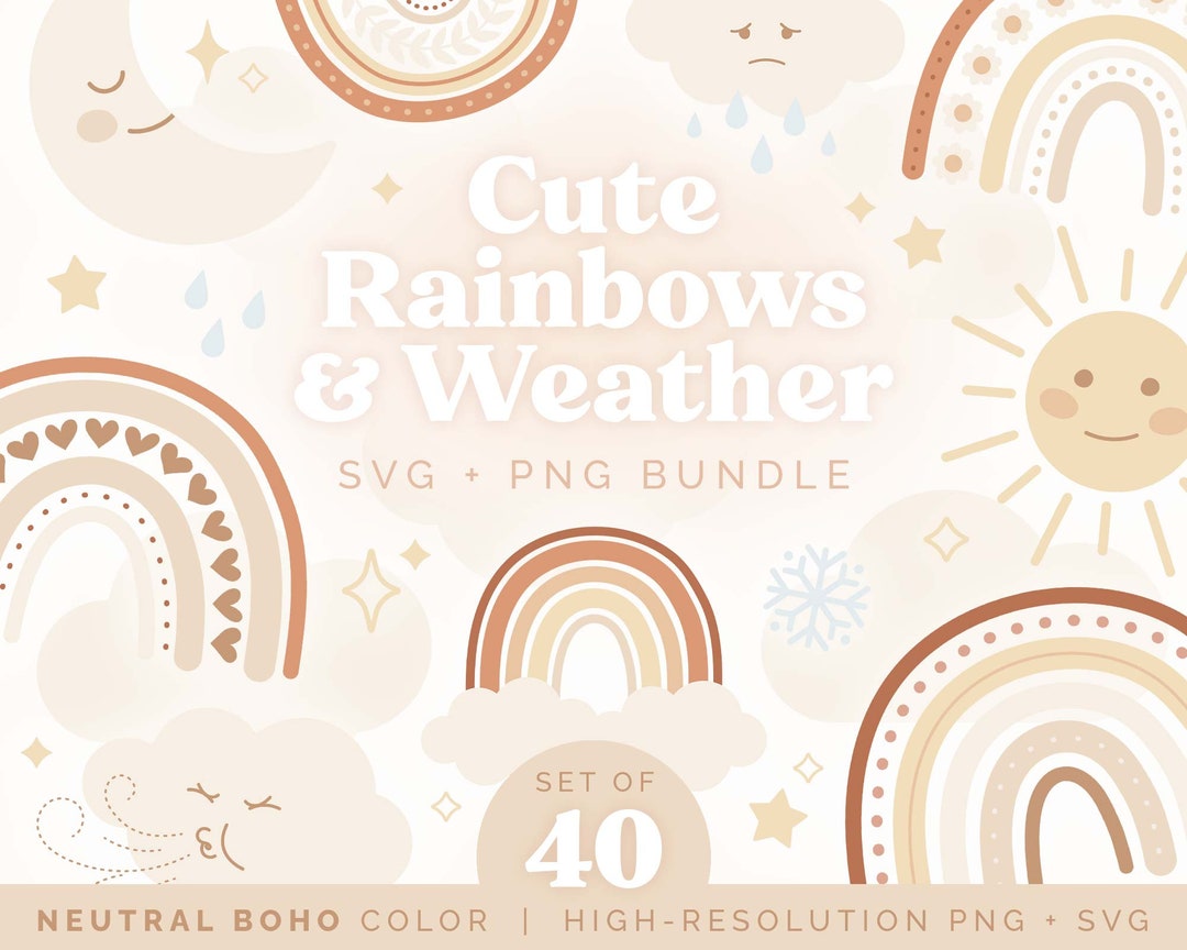 Cute Boho Rainbows and Weather Clipart Graphics Bundle Set of 40 ...