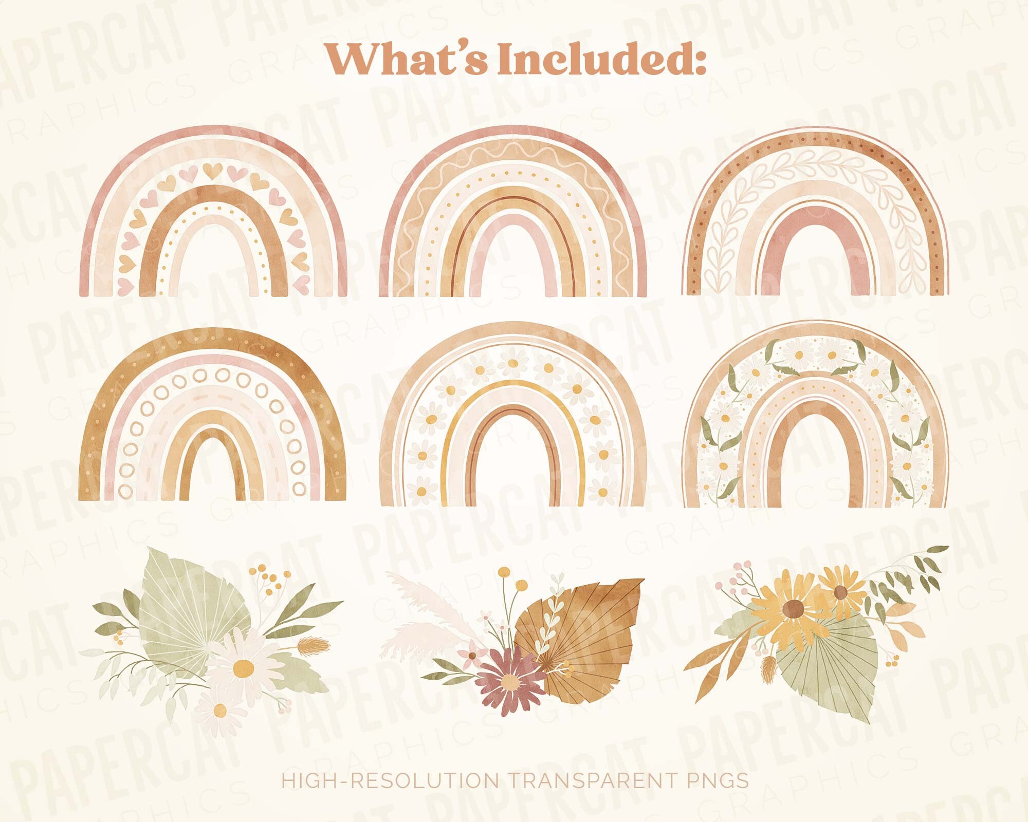 Watercolor Dried Floral Boho Rainbows Clipart Graphics Bundle | Set of ...