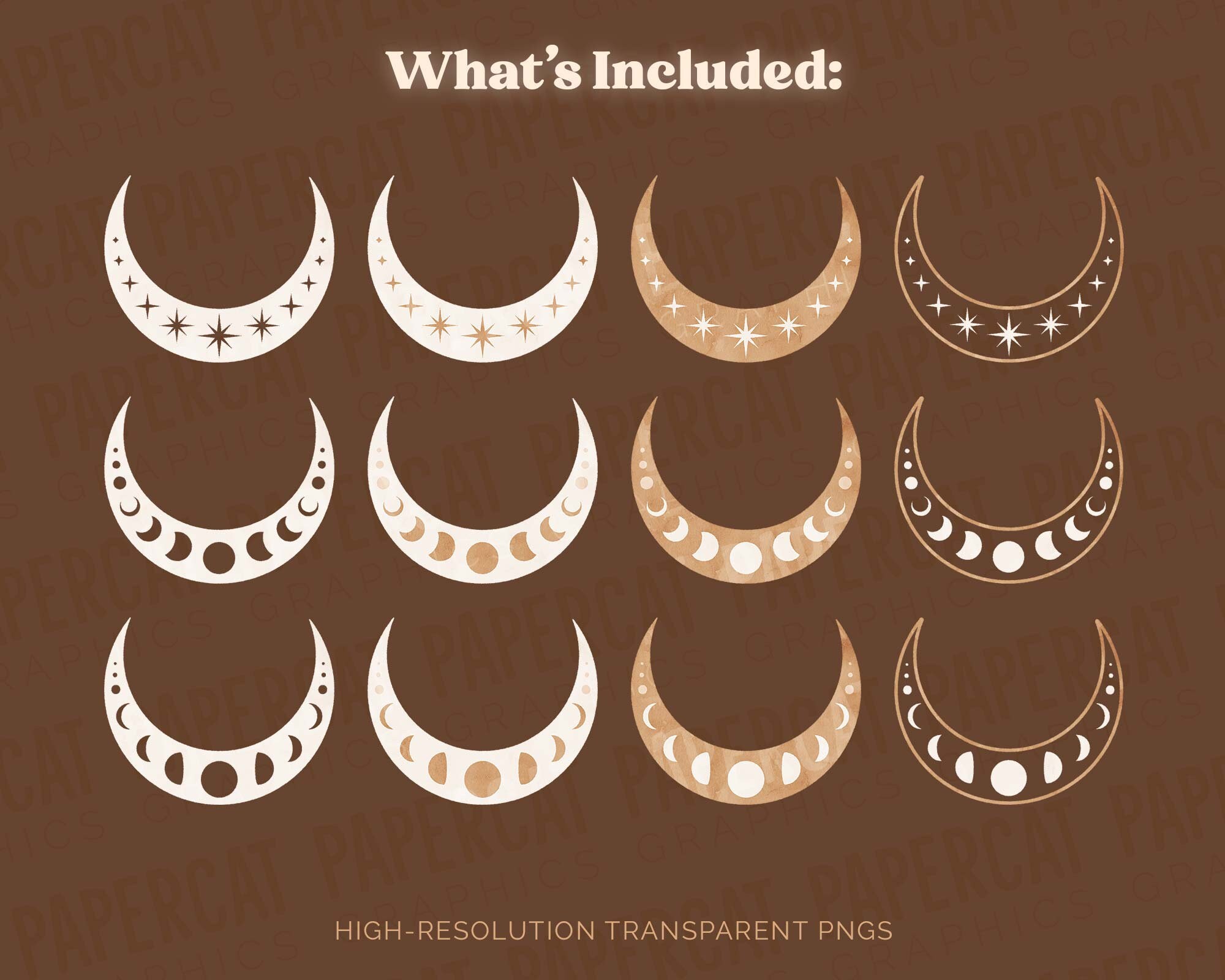 Boho Watercolor Moons Clipart Graphics Bundle Set of 102 Moon Cycle ...