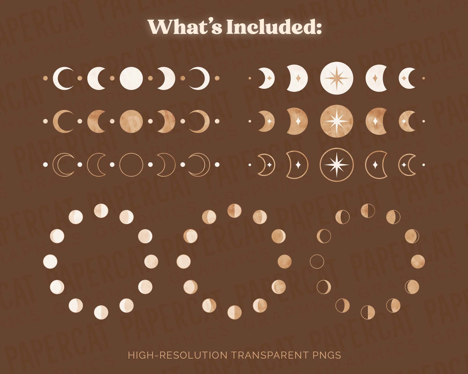 Boho Watercolor Moons Clipart Graphics Bundle | Set of 102 Moon Cycle ...