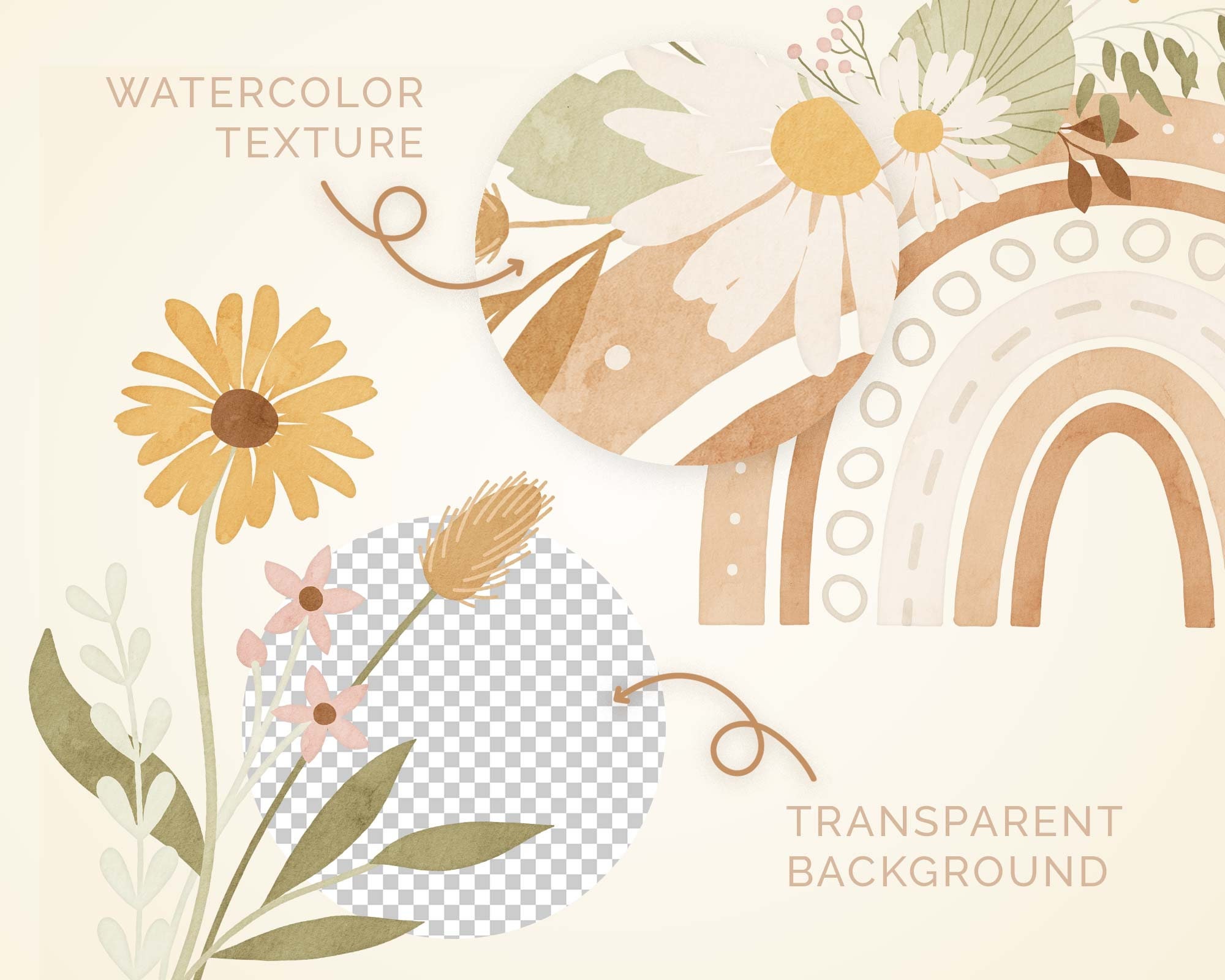 Watercolor Dried Floral Boho Rainbows Clipart Graphics Bundle | Set of ...