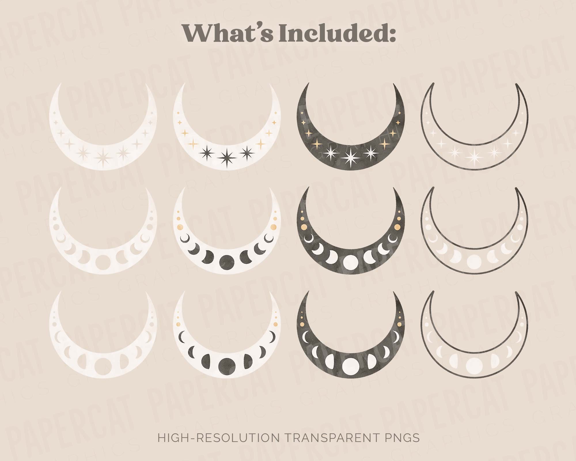 Dark Boho Watercolor Moons Clipart Graphics Bundle | Set of 102 Moon ...