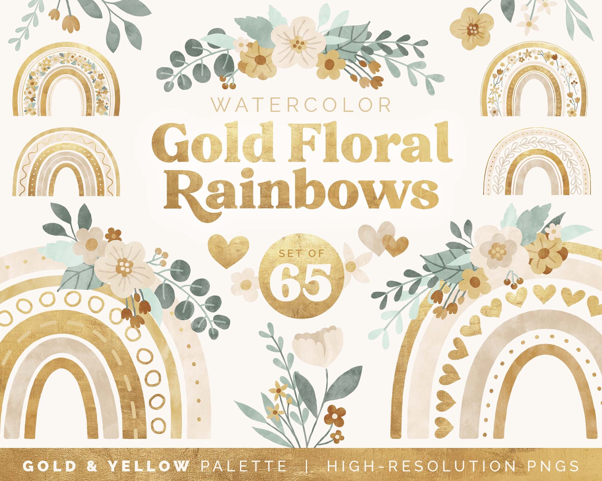 Gold Boho Floral Rainbows Clipart Graphics Bundle | Set of 65 ...