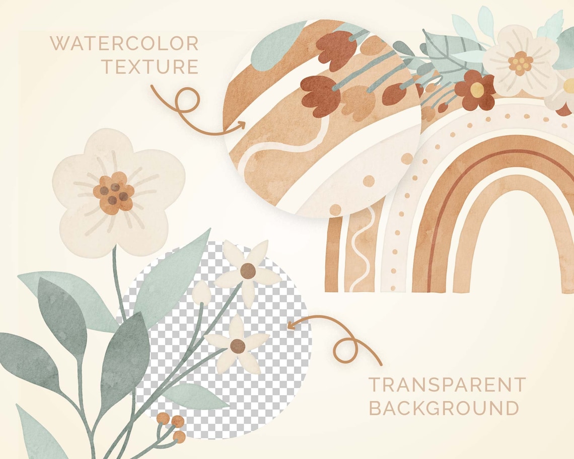 Watercolor Boho Floral Rainbows Clipart Graphics Bundle | Set of 65 ...