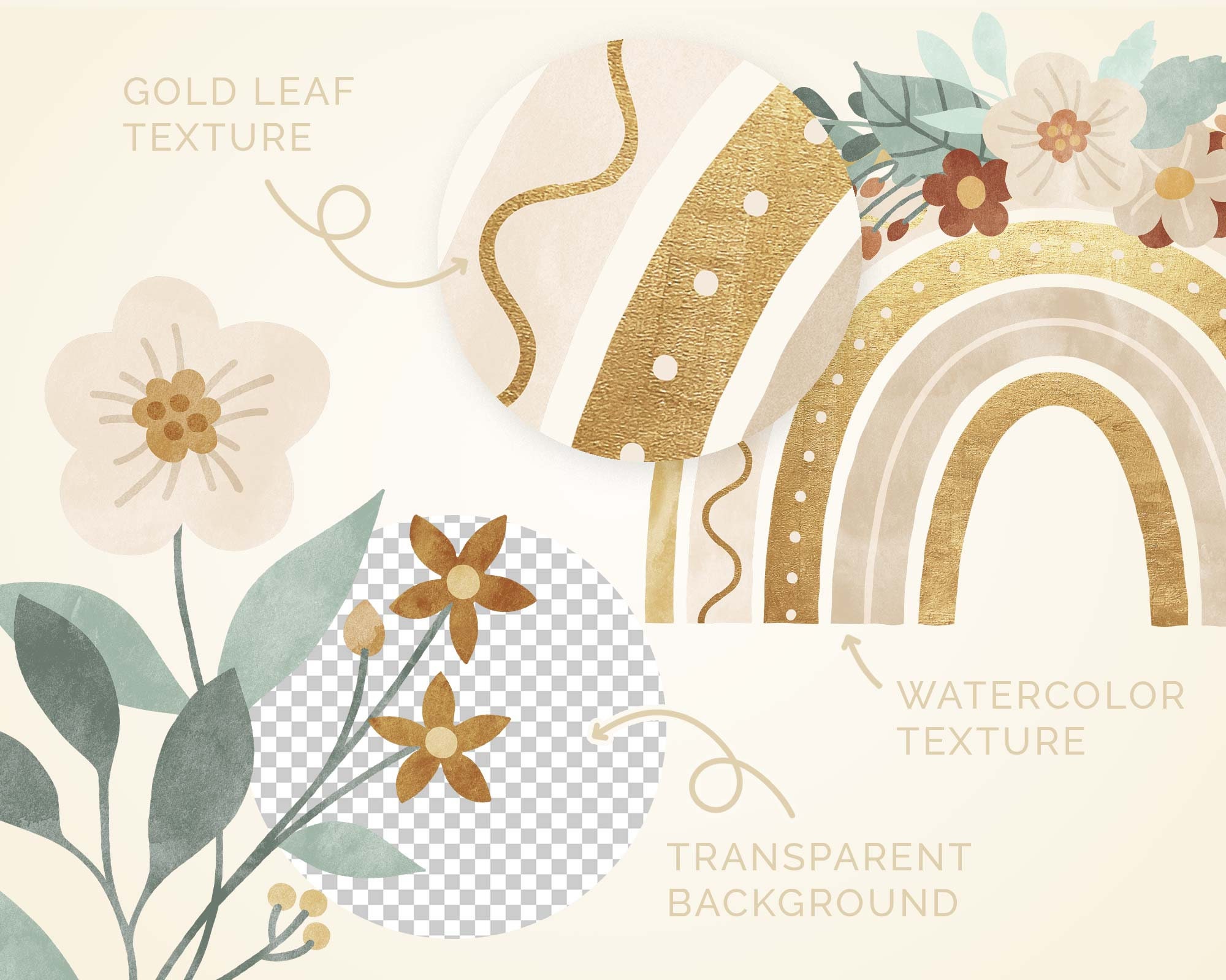 Gold Boho Floral Rainbows Clipart Graphics Bundle Set of 65 ...