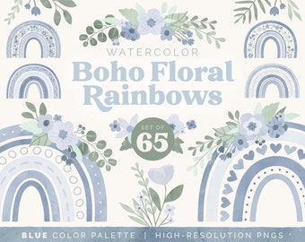 Watercolor Boho Floral Rainbows Clipart Graphics Bundle Set of 65 ...