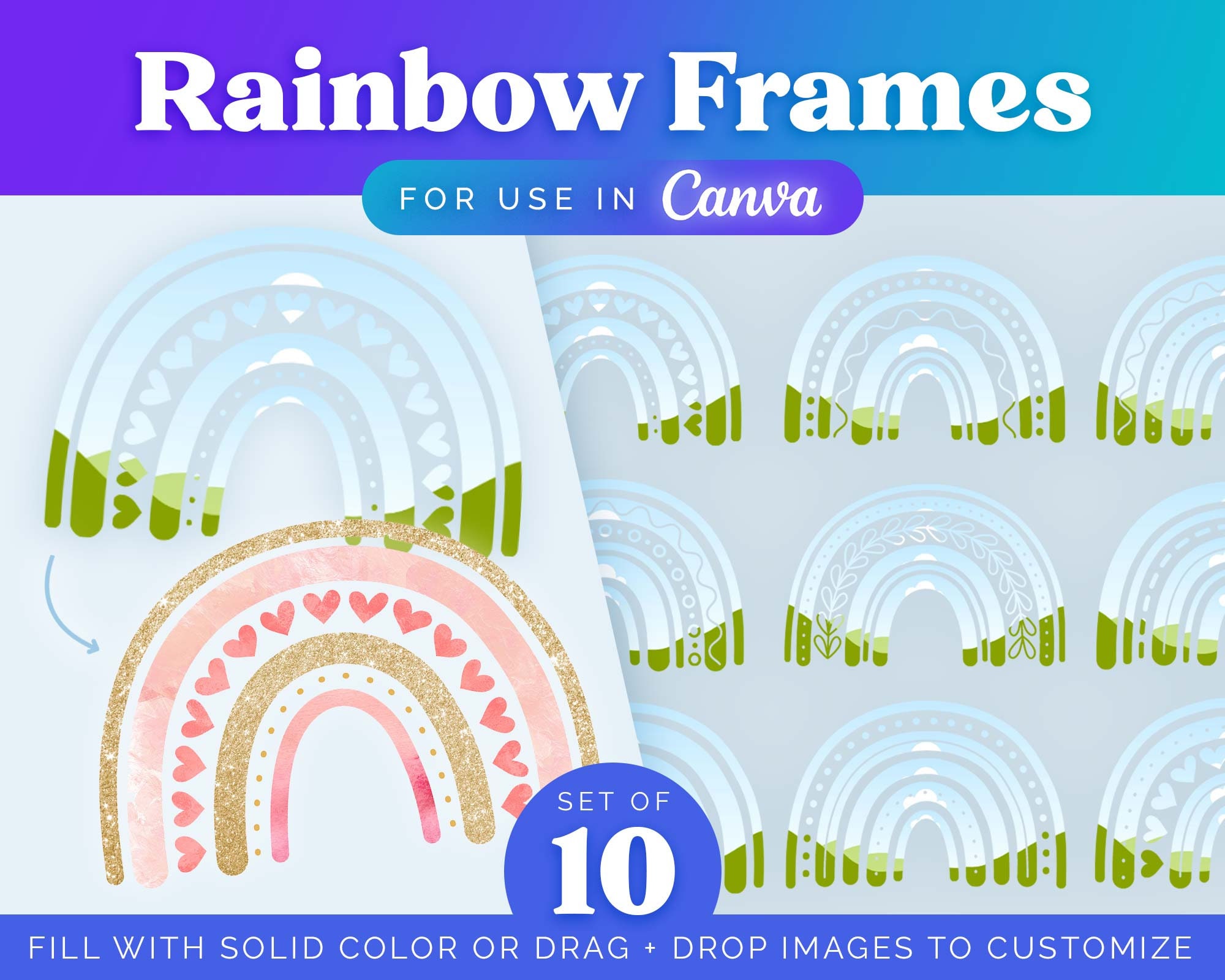 Editable Canva Frames Bundle: Set of 10 Boho Rainbows Easy Drag and ...