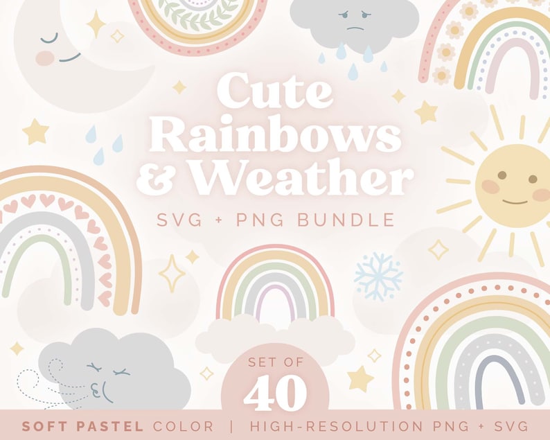 Cute Boho Rainbows and Weather Clipart Graphics Bundle | Set of 40 ...