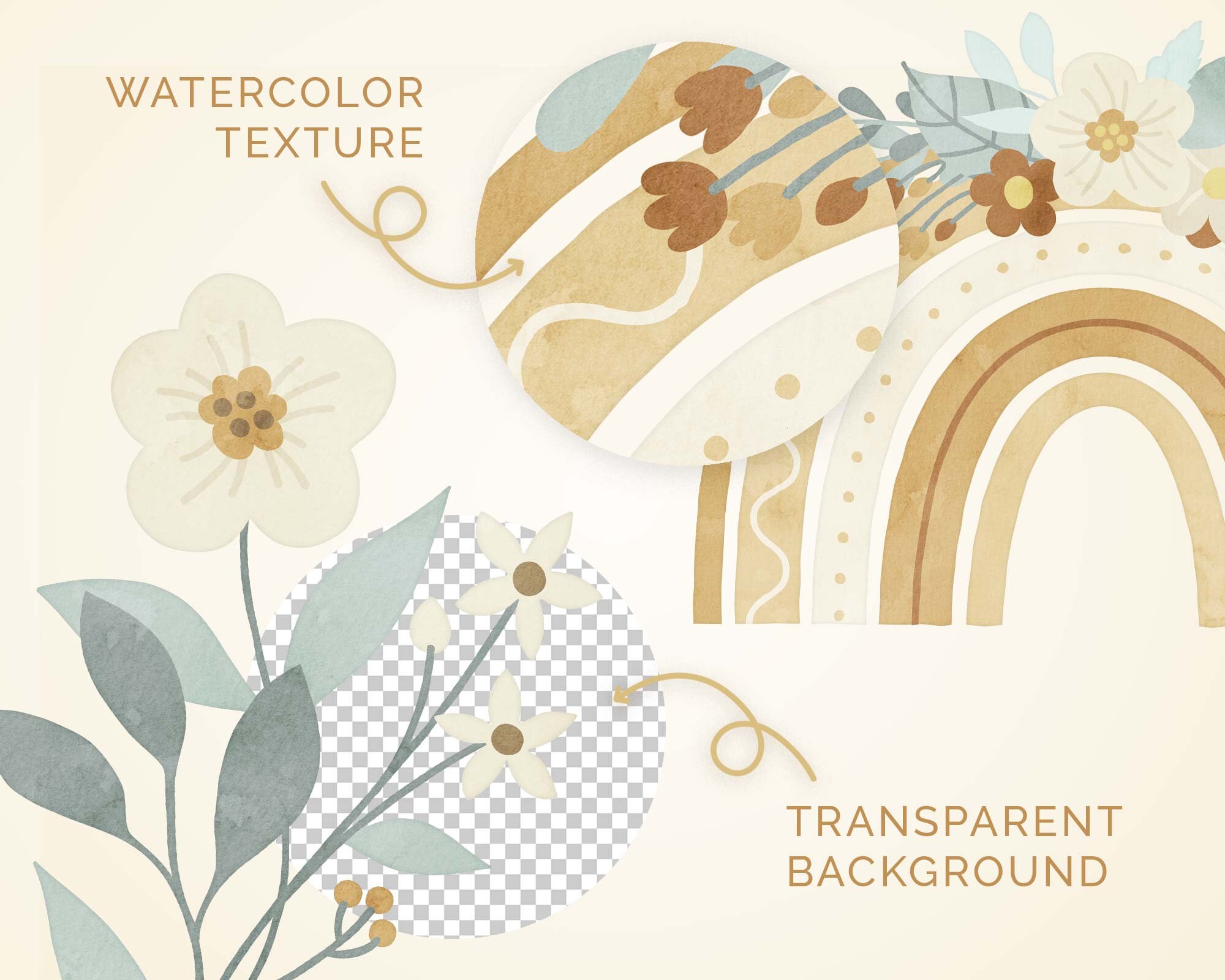 Watercolor Boho Floral Rainbows Clipart Graphics Bundle Set of 65 ...