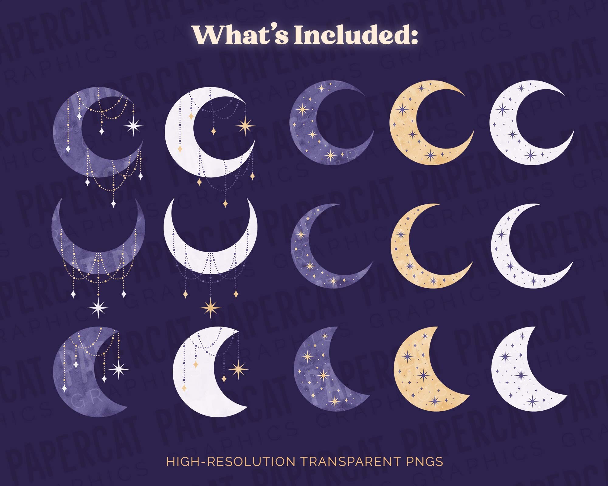 Boho Watercolor Moons Clipart Graphics Bundle | Set of 102 Moon Cycle ...
